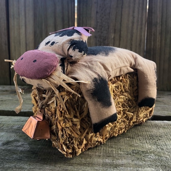 Accents | Handcrafted Painted Cow On Mini Hay Bale | Poshmark